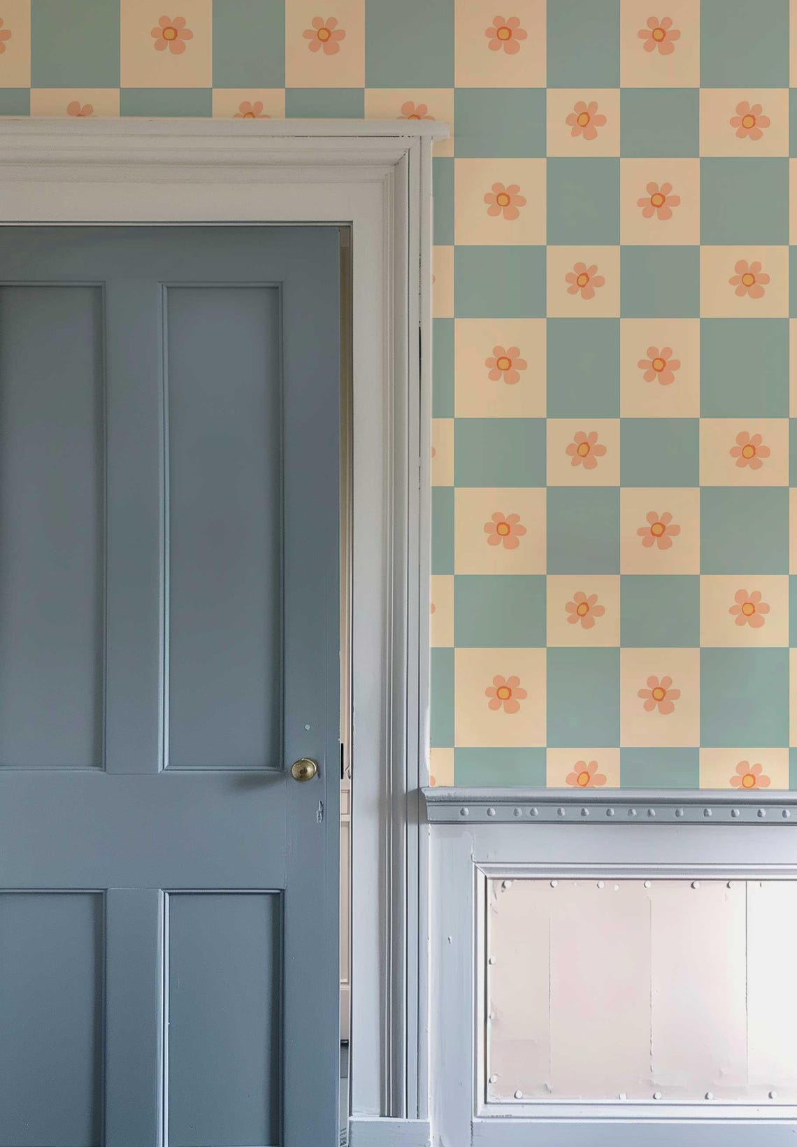 Preppy Checkered Mural, Floral Peel and Stick Wallpaper, Gingham Funky ...