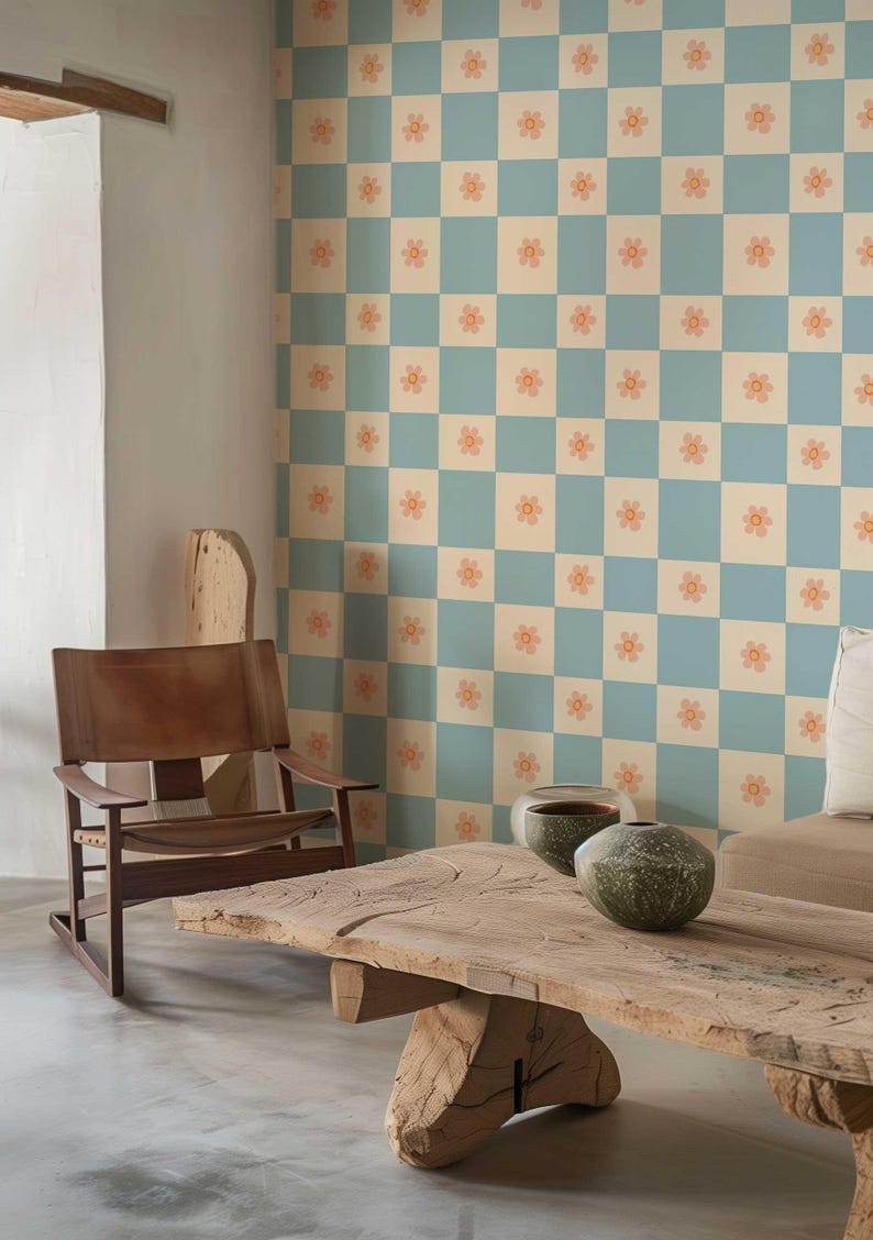 Preppy Checkered Mural, Floral Peel and Stick Wallpaper, Gingham Funky ...