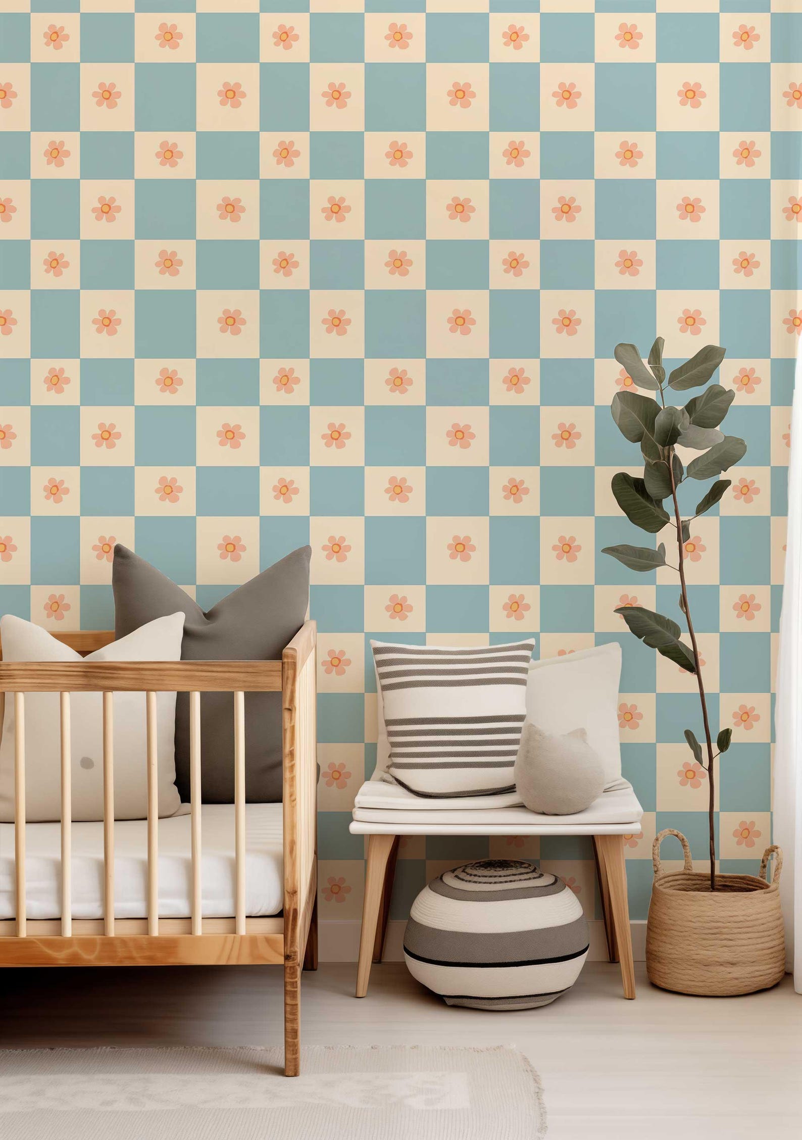 Preppy Checkered Mural, Floral Peel and Stick Wallpaper, Gingham Funky ...