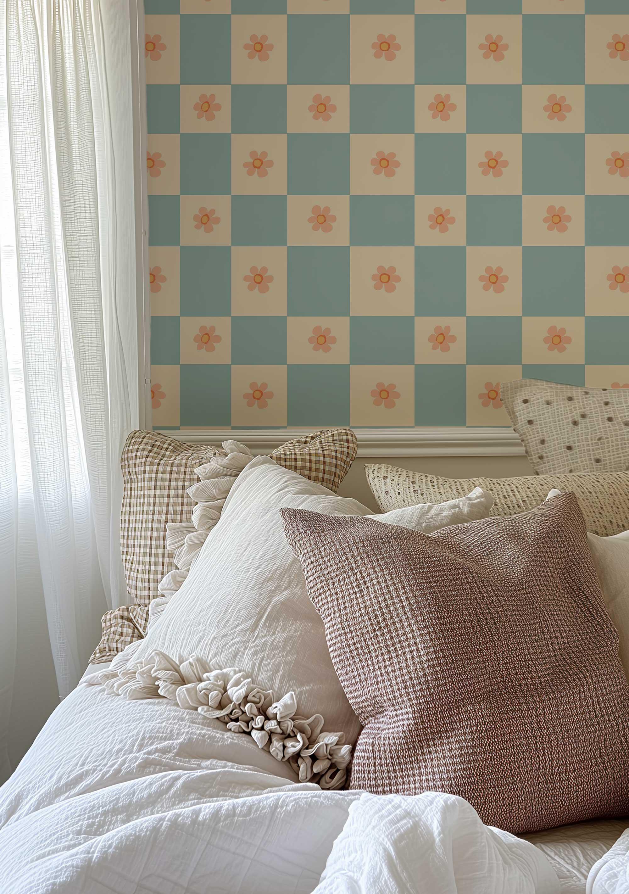 Preppy Checkered Mural, Floral Peel and Stick Wallpaper, Gingham Funky ...