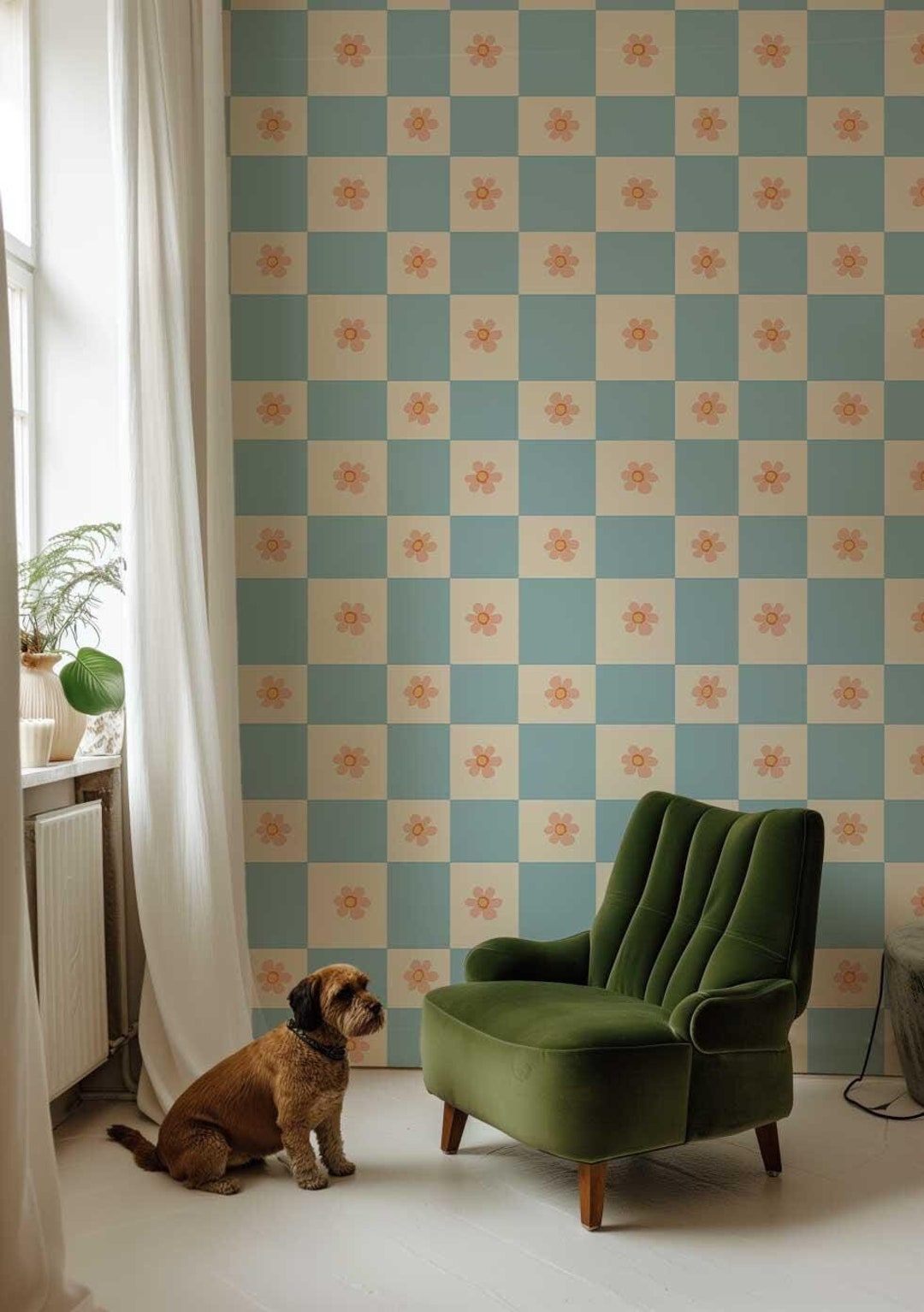 Preppy Checkered Mural, Floral Peel and Stick Wallpaper, Gingham Funky ...