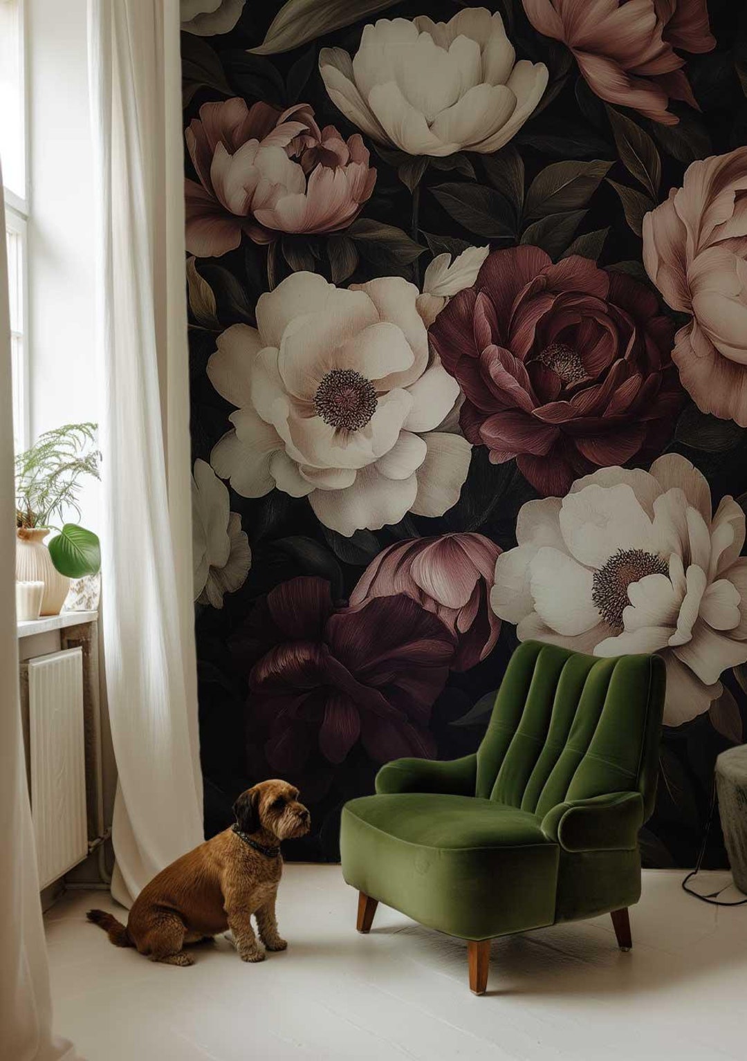 Peonies Floral Wallpaper: Dark Gothic Peel and Stick Wall Mural - Etsy