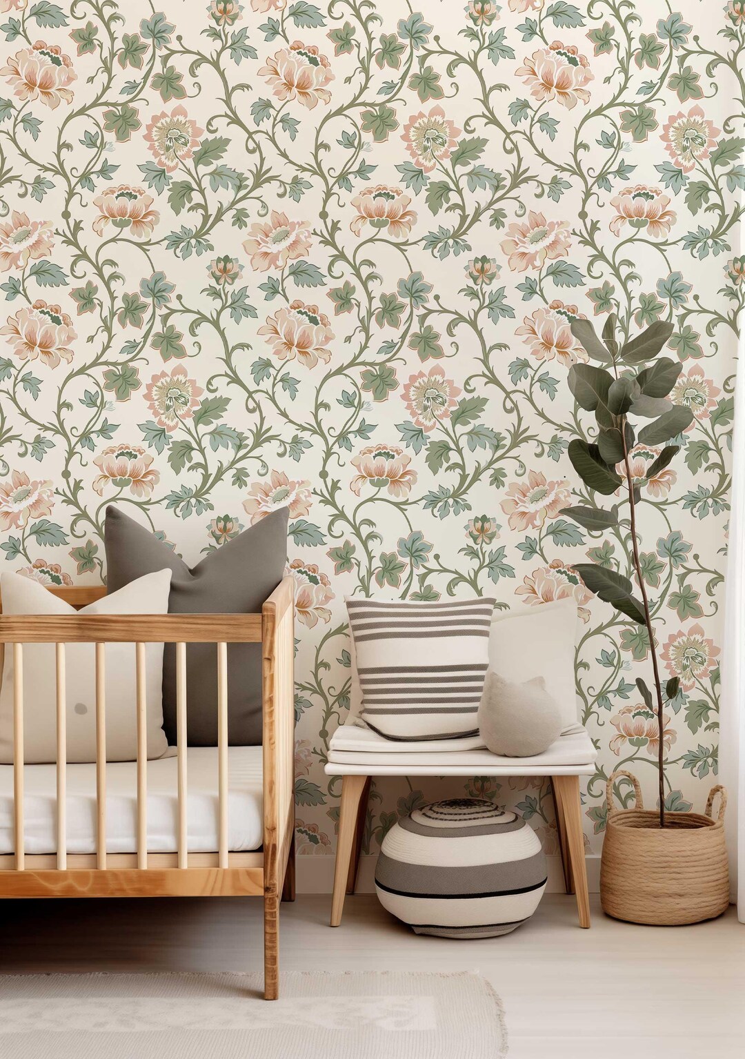 Vintage Rococo Floral Wallpaper Mural | Pink Flowers & Muted Green ...