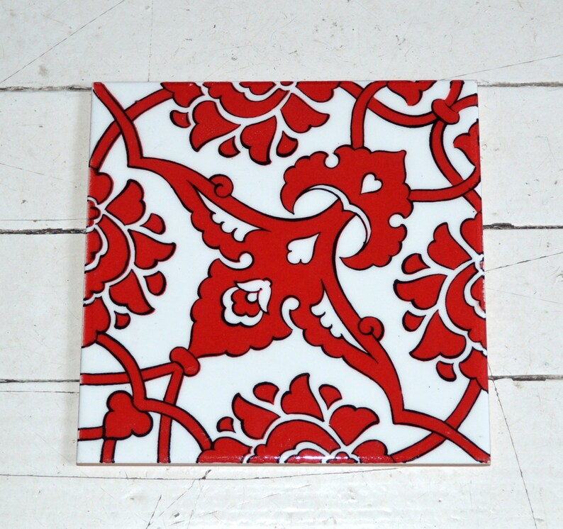 4 Pieces Set Turkish Iznik Tile Print Made and Ottoman Design With Red ...