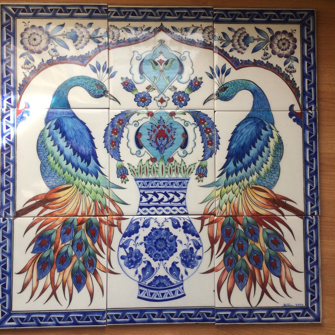 Handpainted Ceramic Panel Peacok Design on Stone Quartz Ceramic With ...