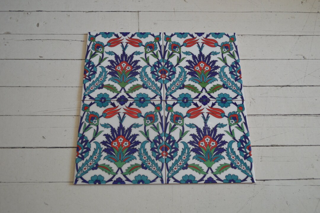 Turkish Floral Tile Set, Seljuk Print, Waterproof Decor (8x8" 4 Pieces ...