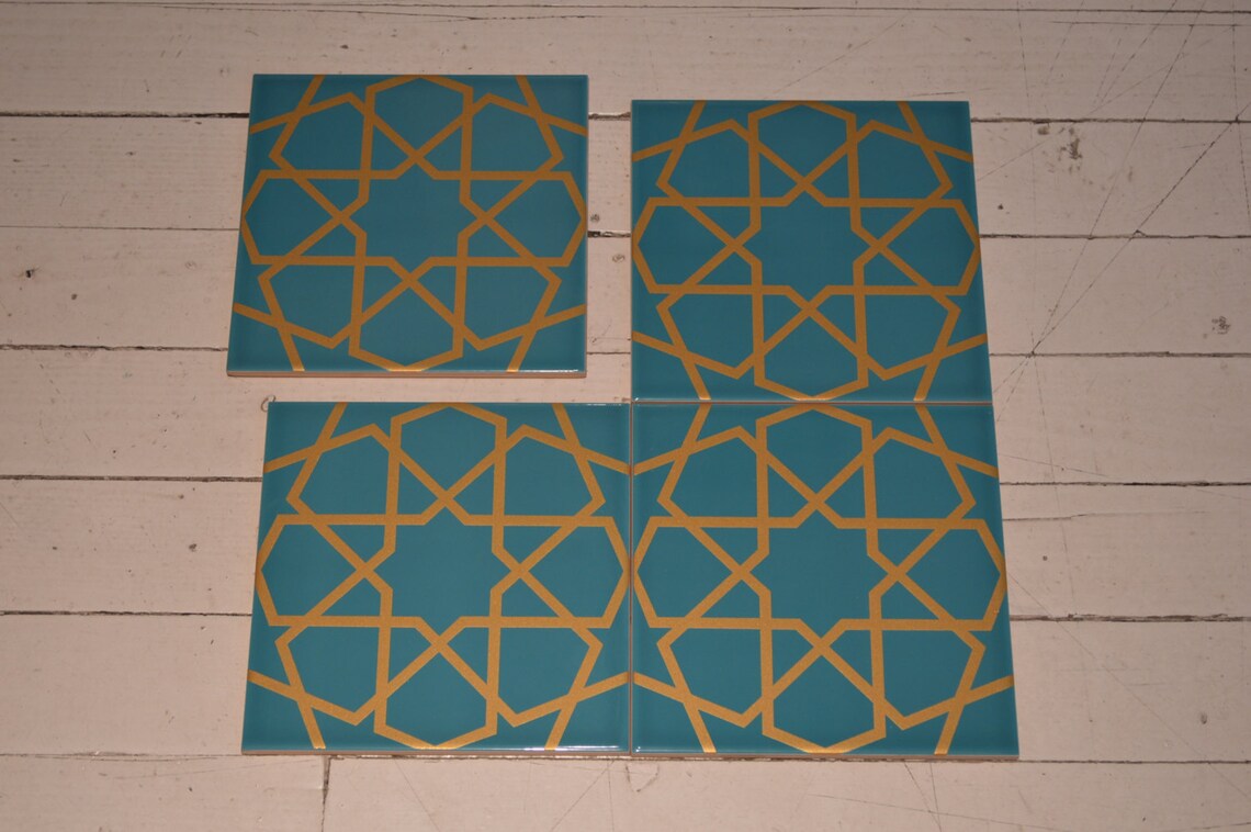 Set of 4 Peices Turkish Seljuk Tile Gold Print Made With Turquoise ...