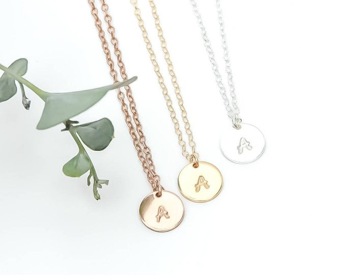 Little Initial Disc Necklace, Silver Initial Necklace, Dainty Initial ...