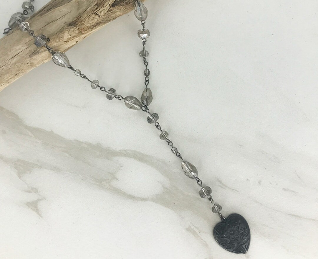 EMBOSSED HEART Y Necklace Grey Glass Bead Necklace Black Heart Necklace ...