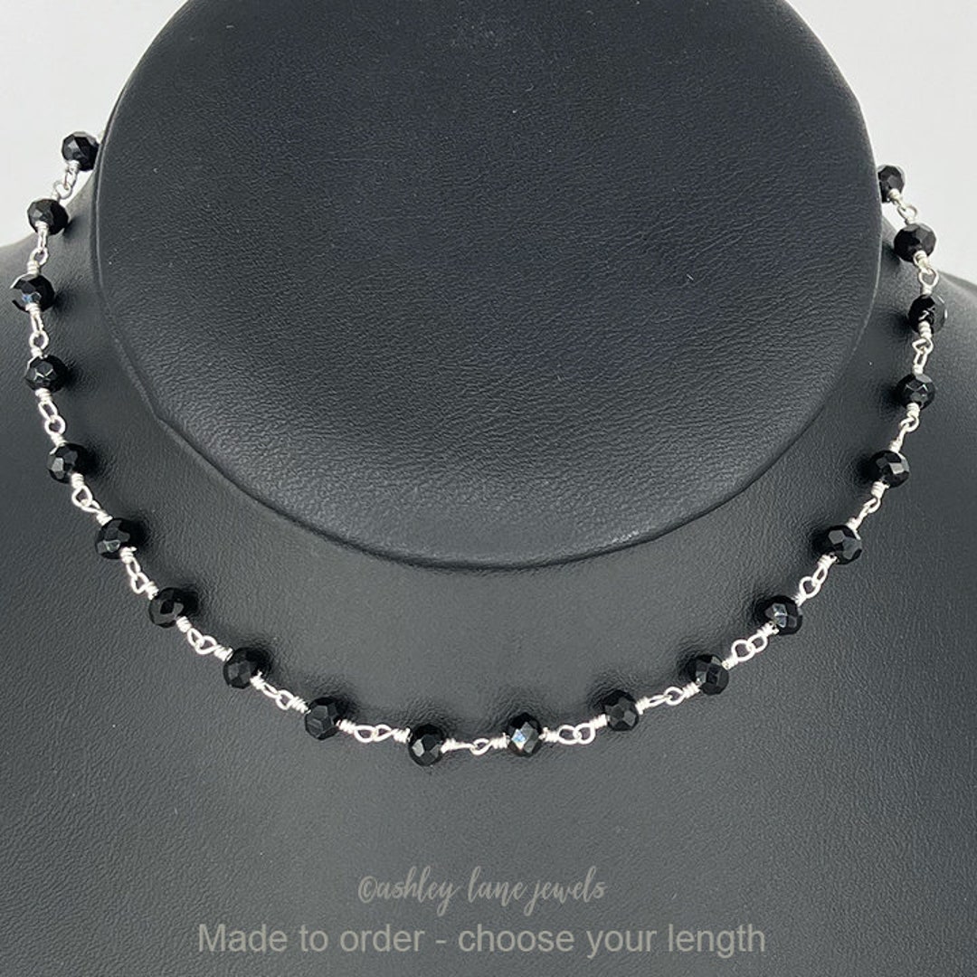 BLACK & SILVER Beaded Necklace * Simple * Minimal * Black Crystal Beaded Chain Delicate Black ...