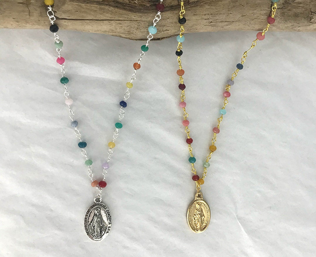 Multicolored IMMACULATE Silver or Gold VIRGIN MARY Beaded Necklace ...