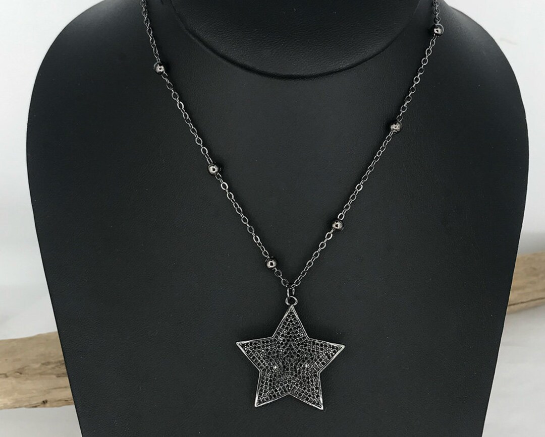 SHIMMERING STAR Black Pave Star Necklace, All Black Necklace, Black ...