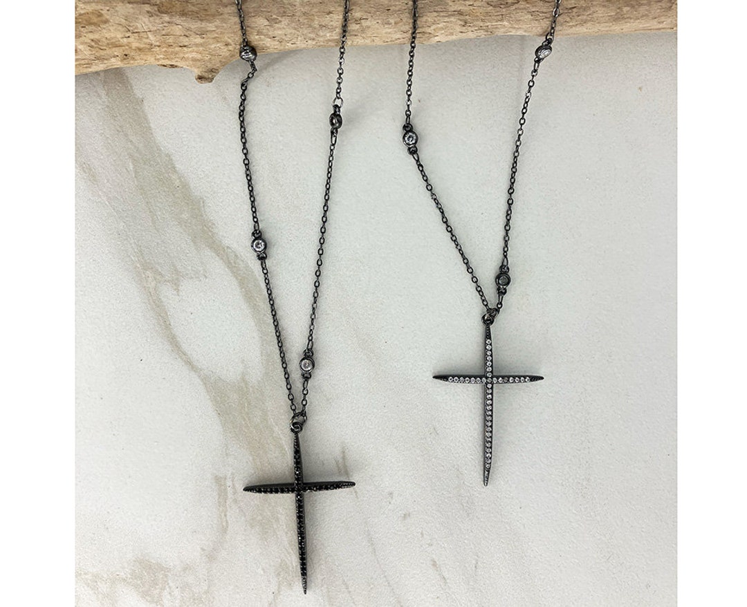BLACK CROSS Necklace * Black Crystal Beaded Chain * Long Skinny Cross ...