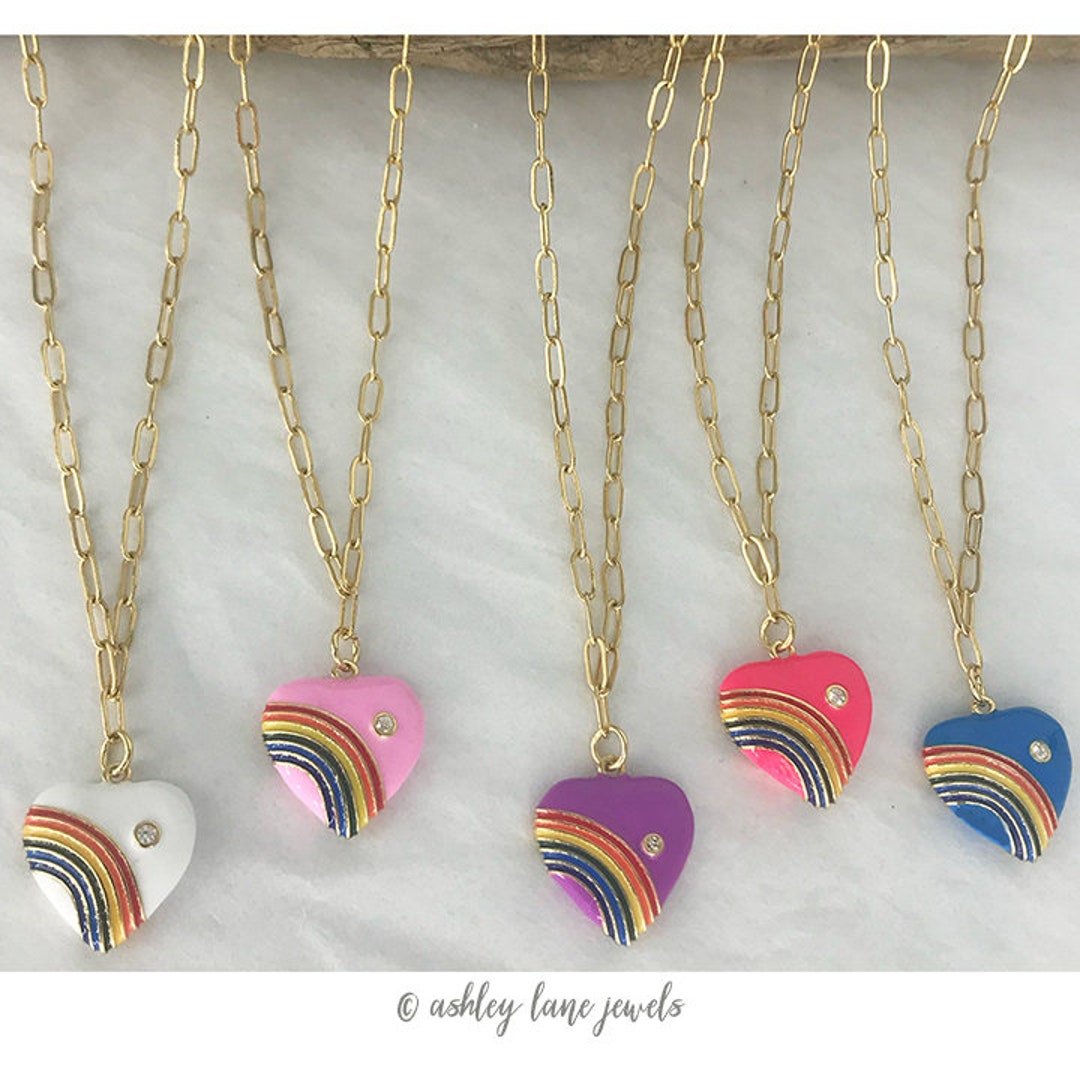 RAINBOW HEART Enamel Necklace * Colored Chunky Puff Heart Choker to ...