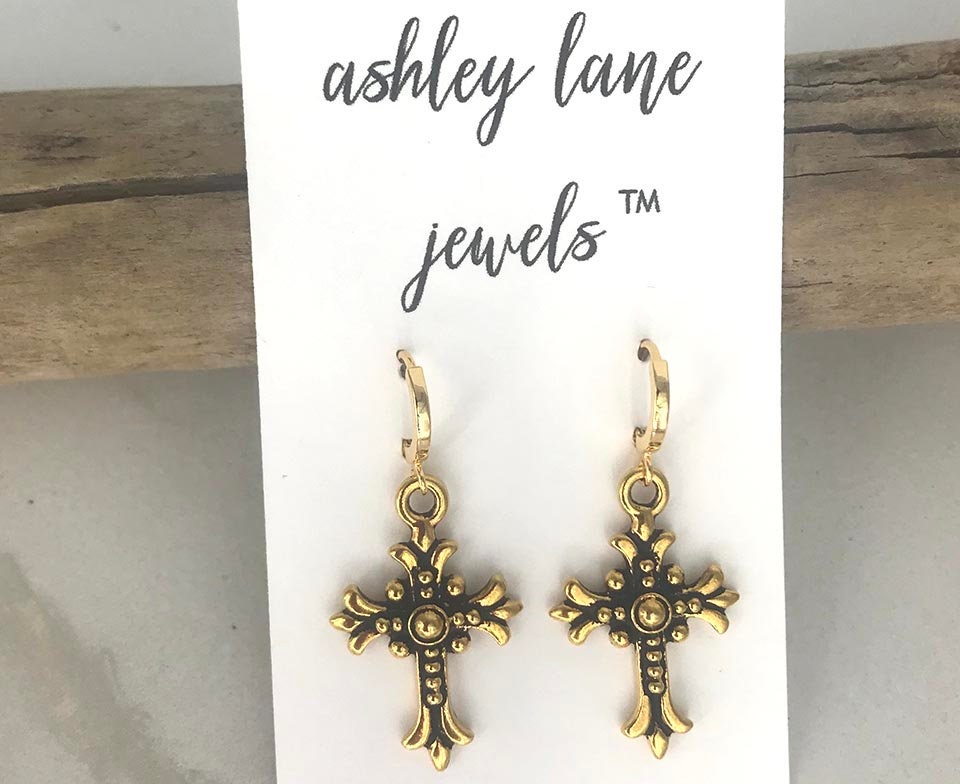 FLEUR CROSS Earrings * Huggy Huggies or French Wires * Choose Gold ...