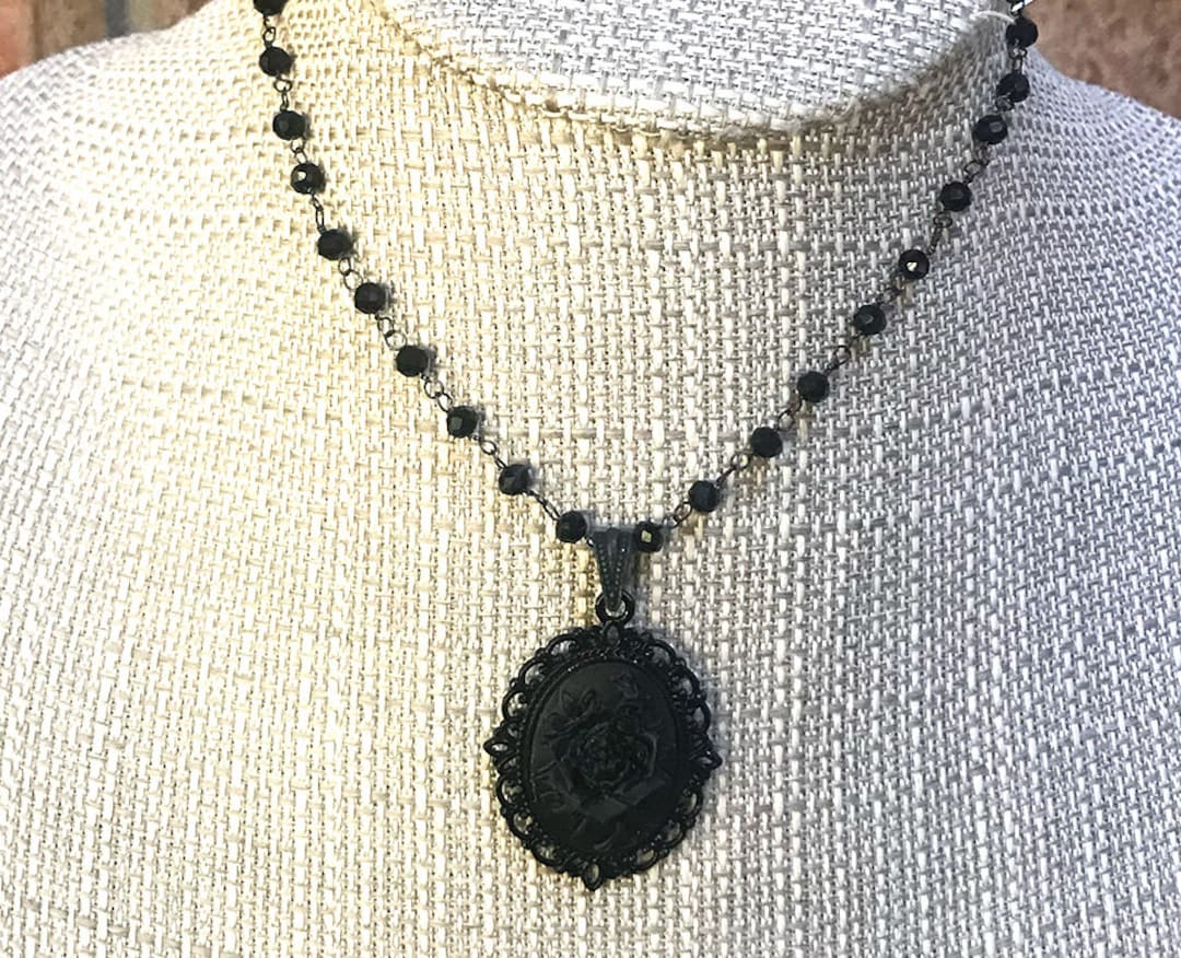 BLACK ROSE CAMEO Necklace Black Beaded Rosary Cameo Necklace Minimal ...
