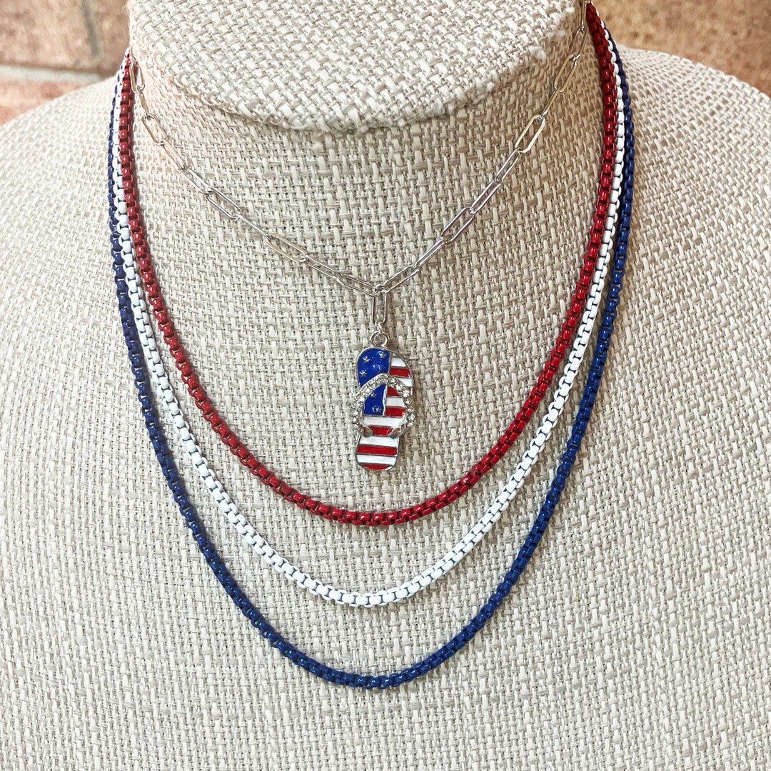Silver AMERICANA Red White & Blue Flip Flop Necklace America Necklace ...