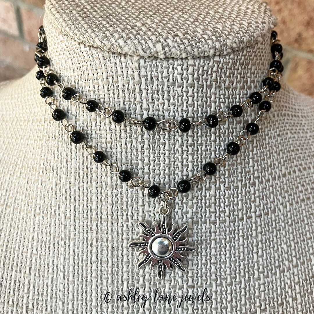 SILVER SUN Necklace on Black Beaded Chain * Single or Double Choker ...
