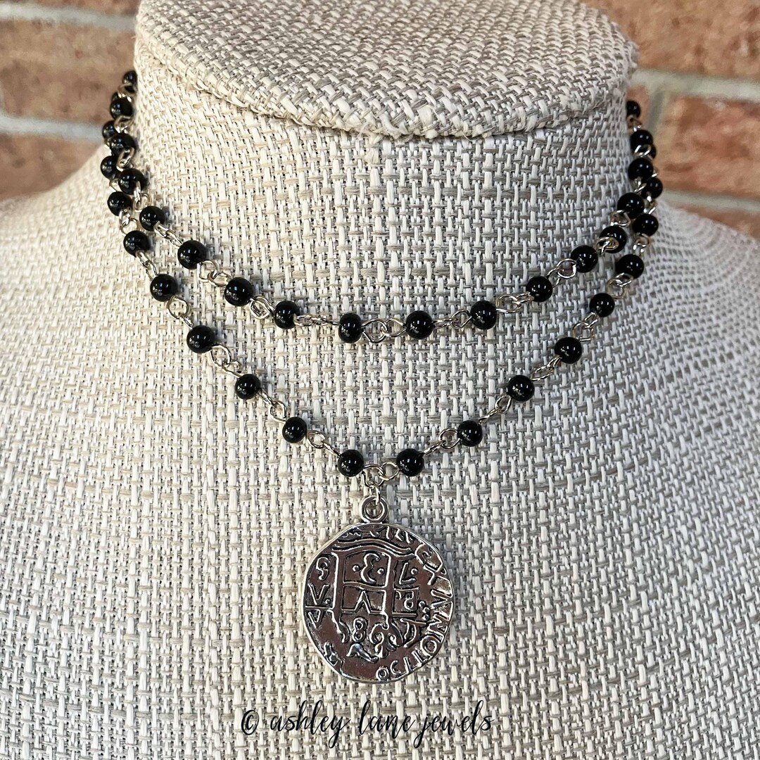 BLACK and SILVER COIN Necklace * Single or Double Choker * Reversible ...
