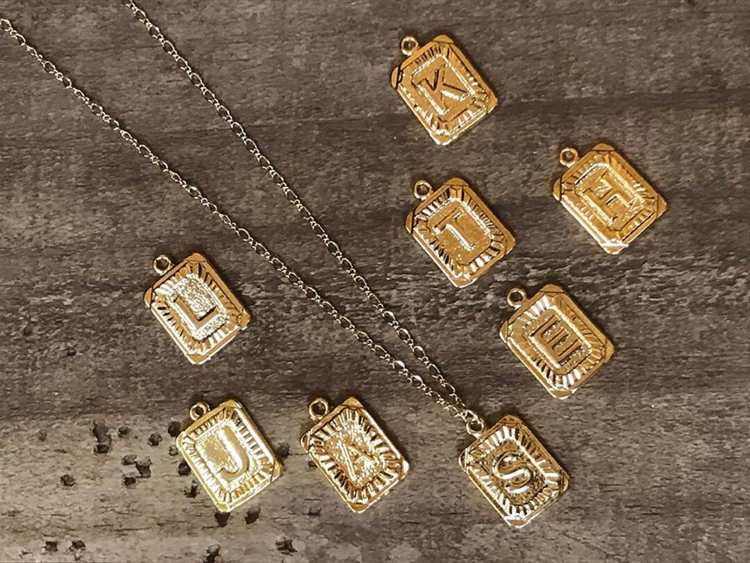 Gold LOGO Necklace Rectangle Initial Card Pendant Letter Long or Short ...
