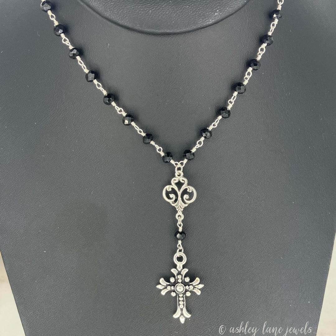 Black & Silver DROP CROSS Choker Necklace Black With Silver Rosary ...