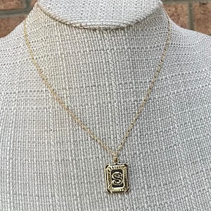 Gold LOGO Necklace Rectangle Initial Card Pendant Letter Long or Short ...