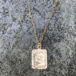 Gold LOGO Necklace Rectangle Initial Card Pendant Letter Long or Short ...