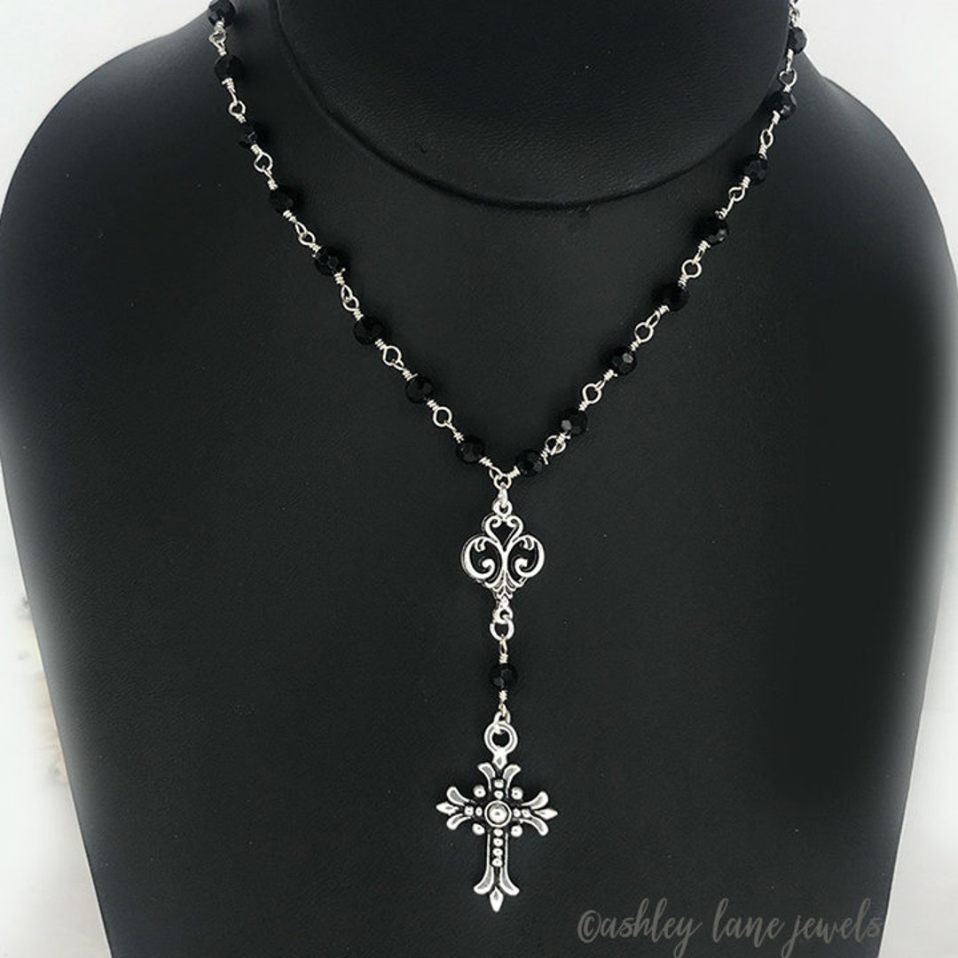 Black & Silver DROP CROSS Choker Necklace Black With Silver Rosary ...