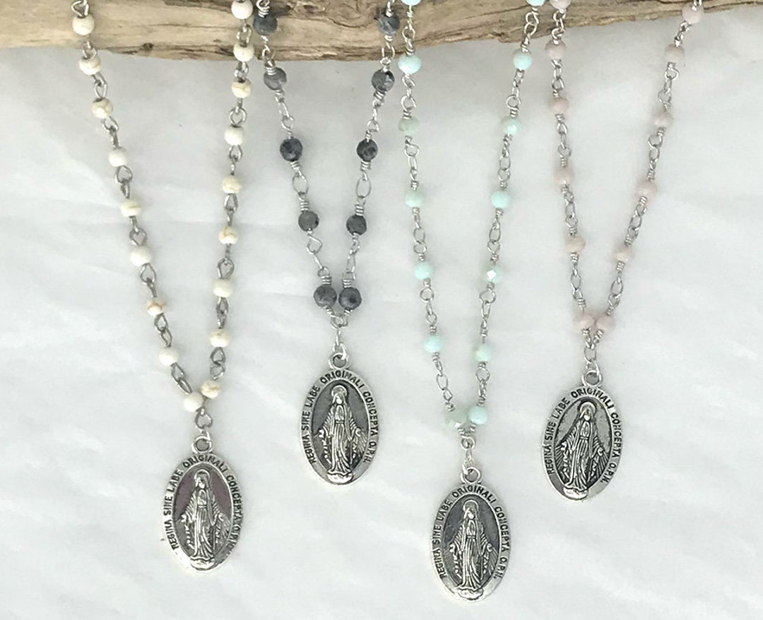 Silver MIRACULOUS Beaded Necklace * Virgin Mary Religious Medallion ...