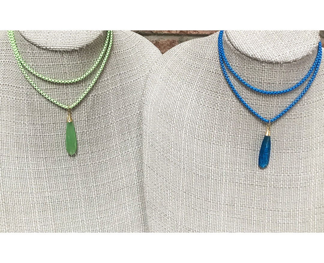MULTIFACETED Colored Teardrop Pendant Necklace 3mm Enamel Chain Blue or ...