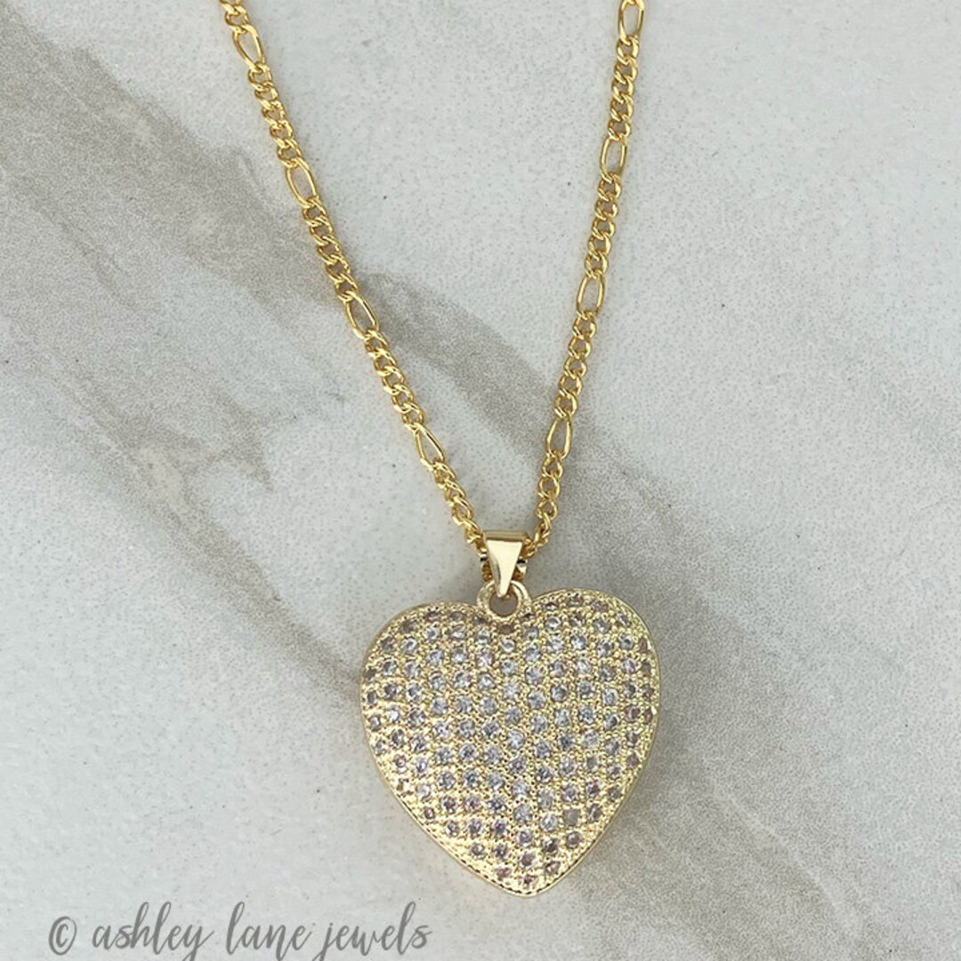GOLD PAVE HEART Necklace Gold Cz Heart Necklace Gold Puff Heart ...