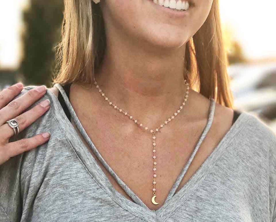 LUNA Lariat Necklace Tiny Stone Chain CRESCENT MOON Charm - Etsy