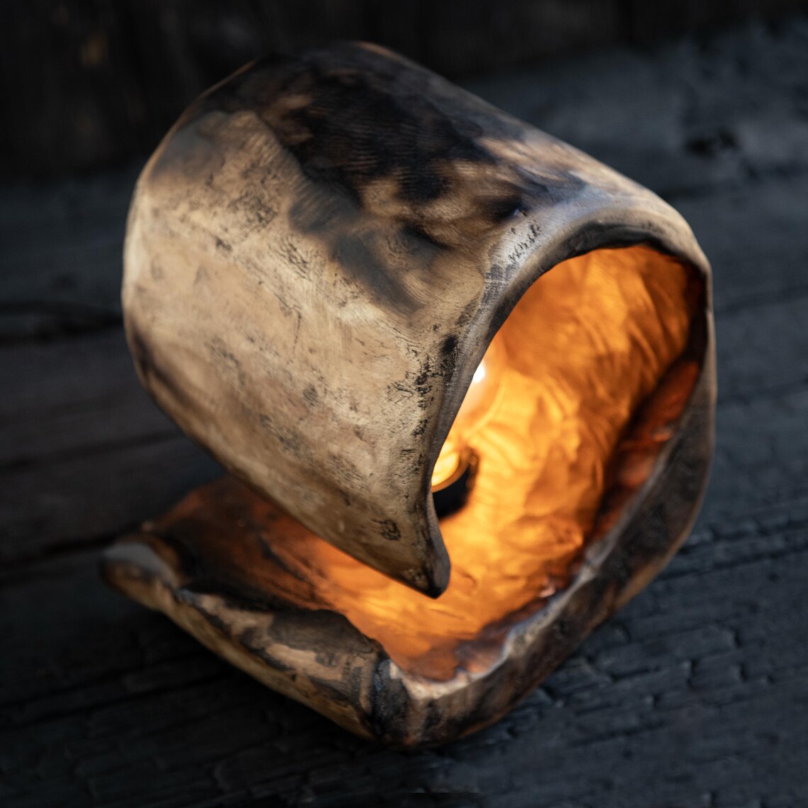 Handmade Burned Walnut Wood Lamp – Rustic Sculptural Lighting, Waxed ...