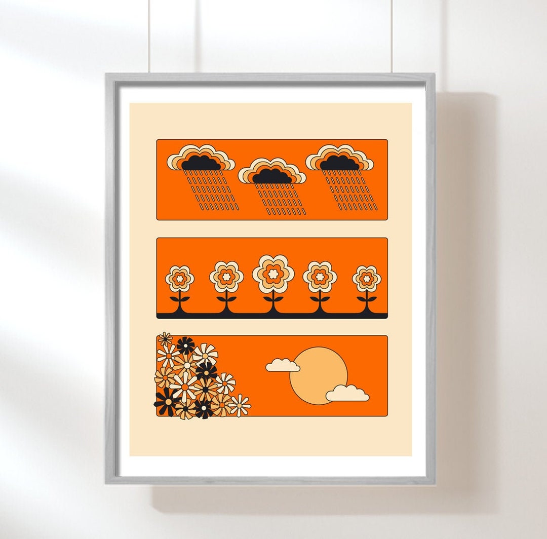 April May June Retro 70s Illustration Spring Flowers Sky Clouds ...