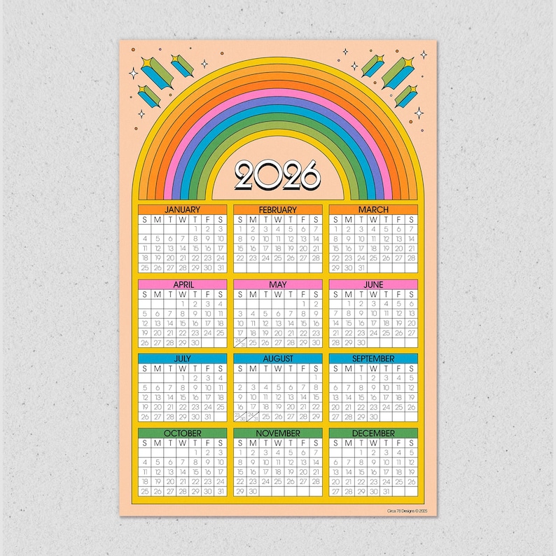 2026 Brite Rainbow One-page Calendar Print - Etsy Australia