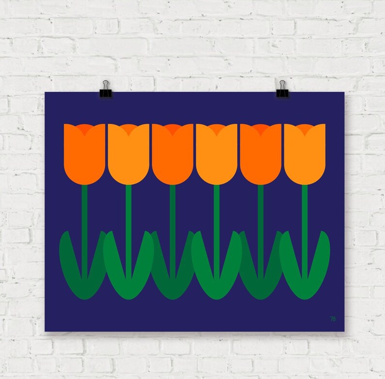 Tulip Print Yellow Flower Orange Flower Pop Art Mod Art Mid | Etsy