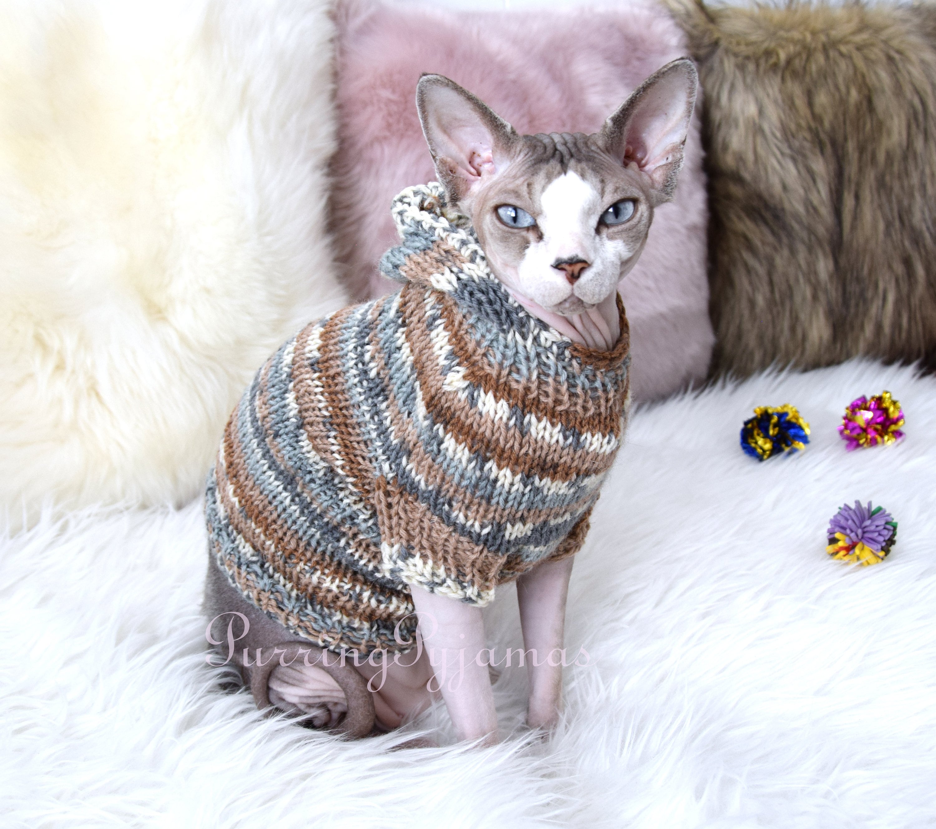 Striped Cat Hoodie, Grey Brown White Speckled Wool Blend Kitten Sweater ...