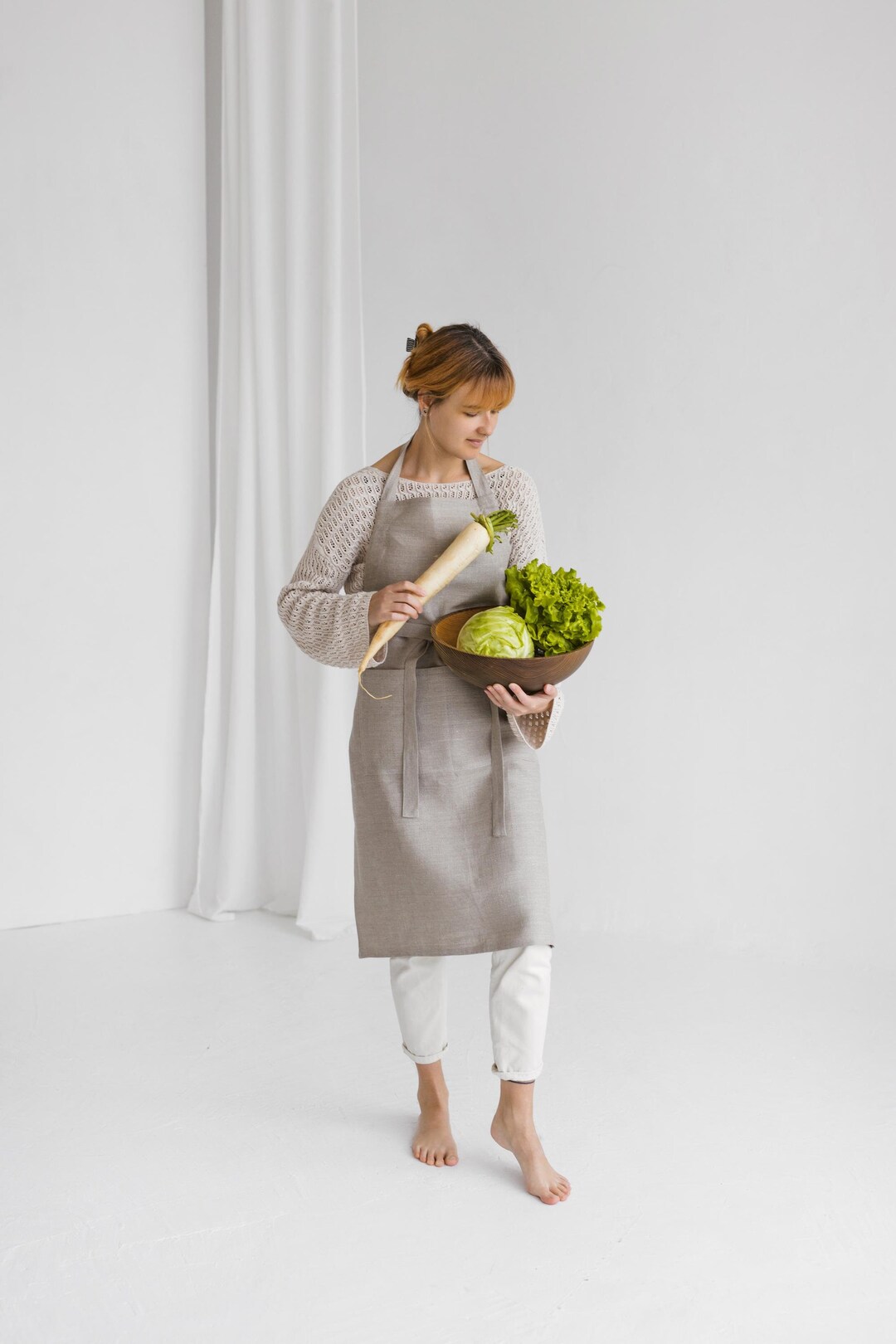 Natural Linen Full Kitchen Apron. Chef Daily Adjustable Apron for BBQ ...