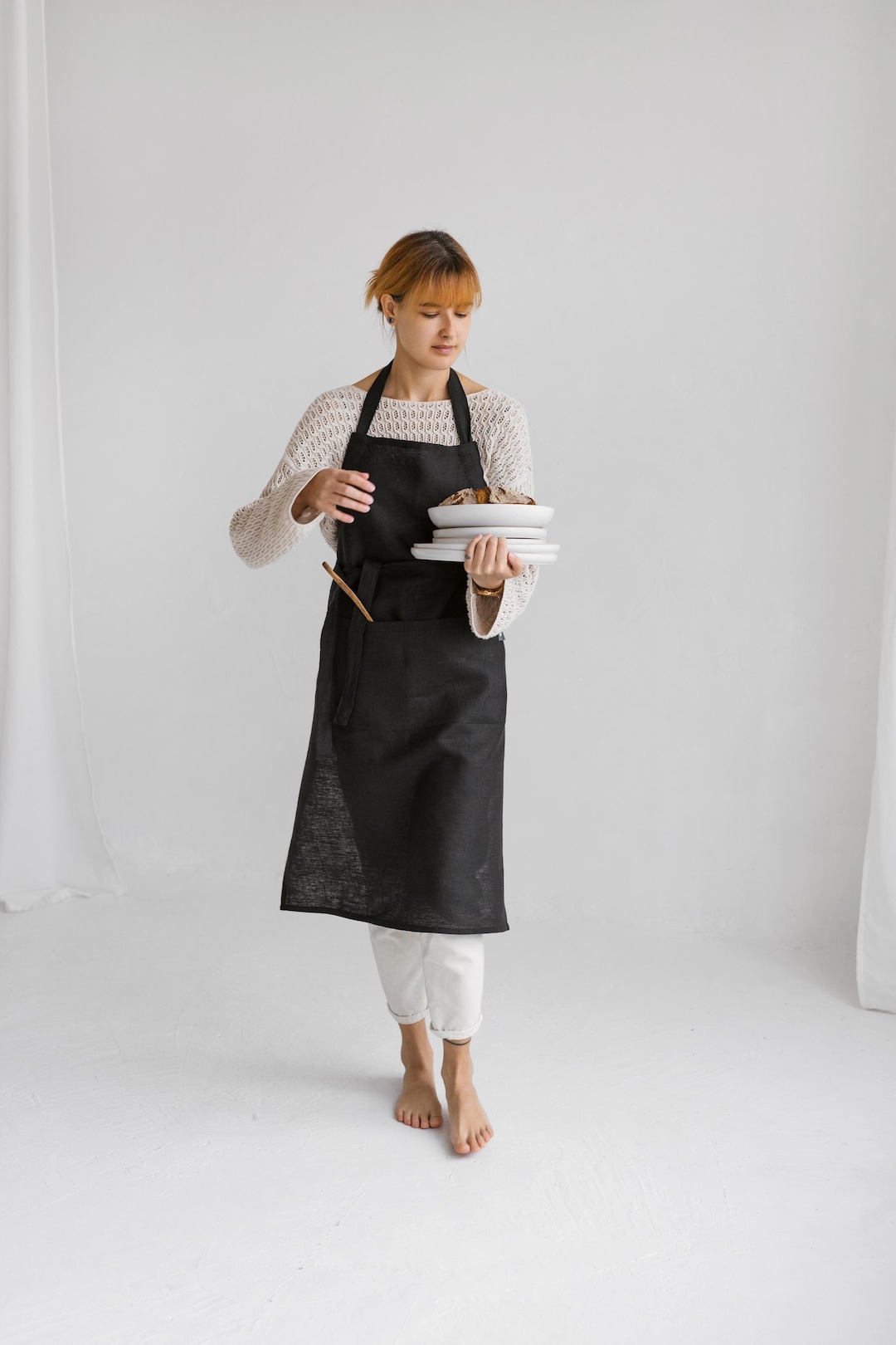 Black Linen Chef Daily Full Apron for Cooking, Baking, BBQ. Adjustable ...