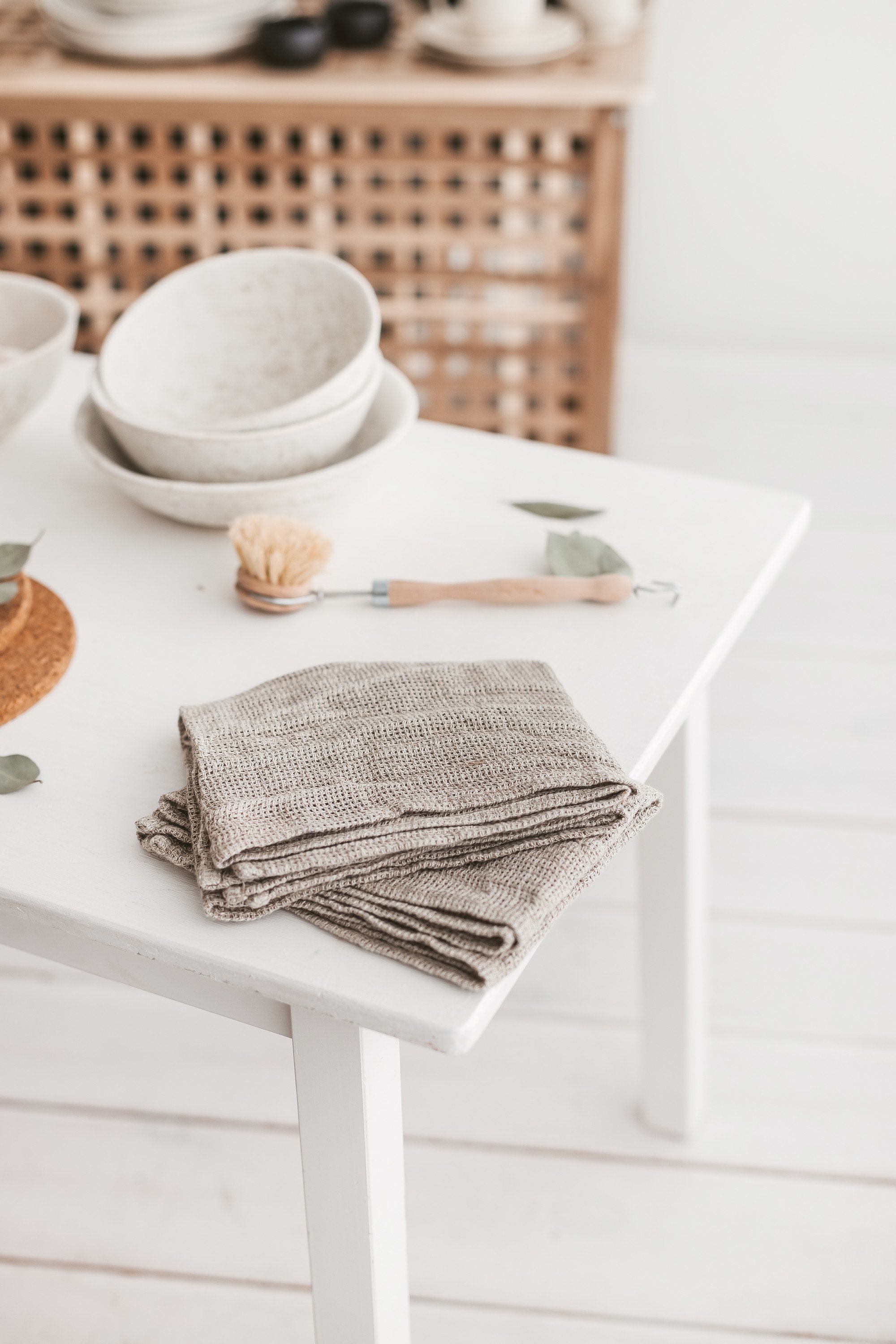 Set of Natural Linen Waffle Tea Towels for Kitchen. Organic Open Weave ...