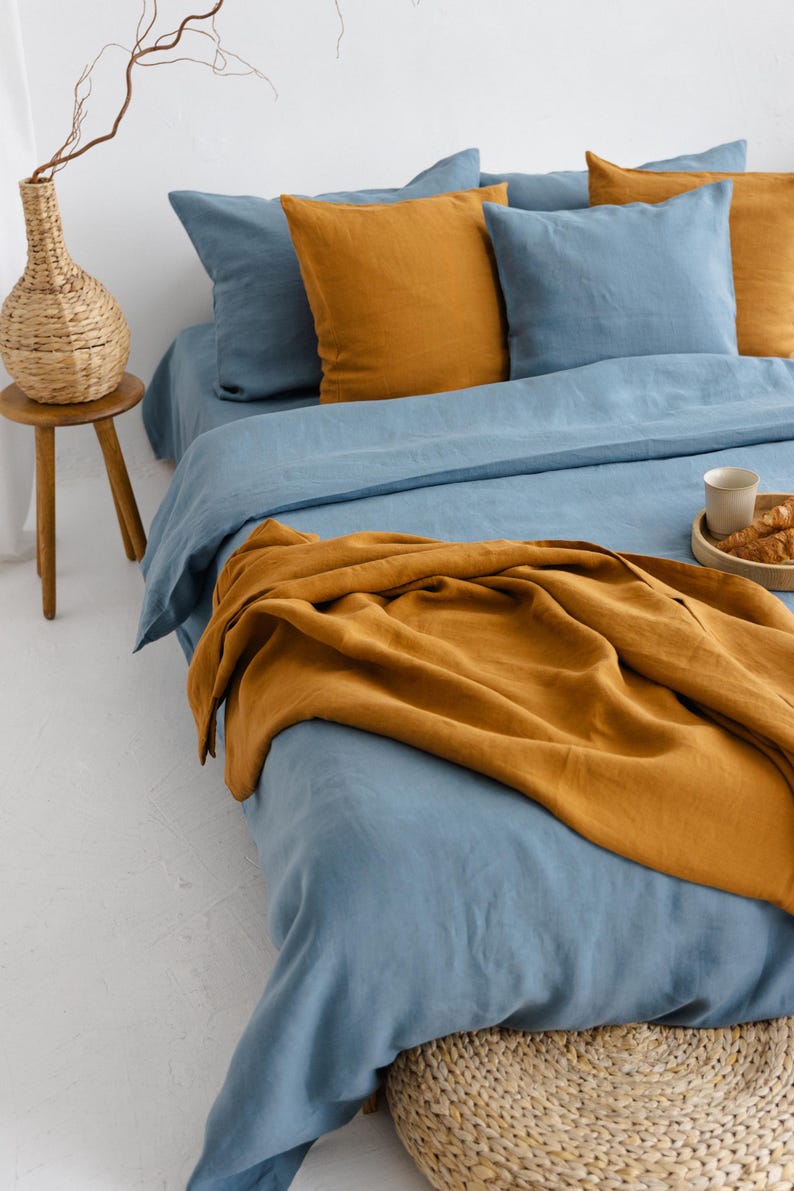 Dusty Blue Linen Sheet Set: Fitted, Flat, Pillow Case. Natural ...