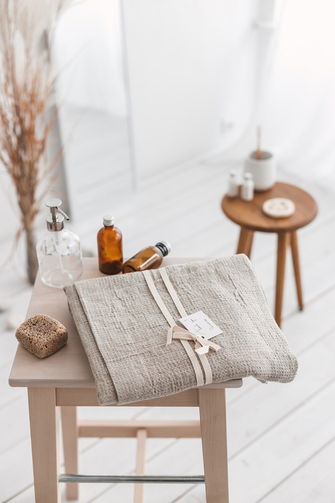 Large Linen Waffle Bath Towel. Organic Natural Towels for Bathroom, SPA ...