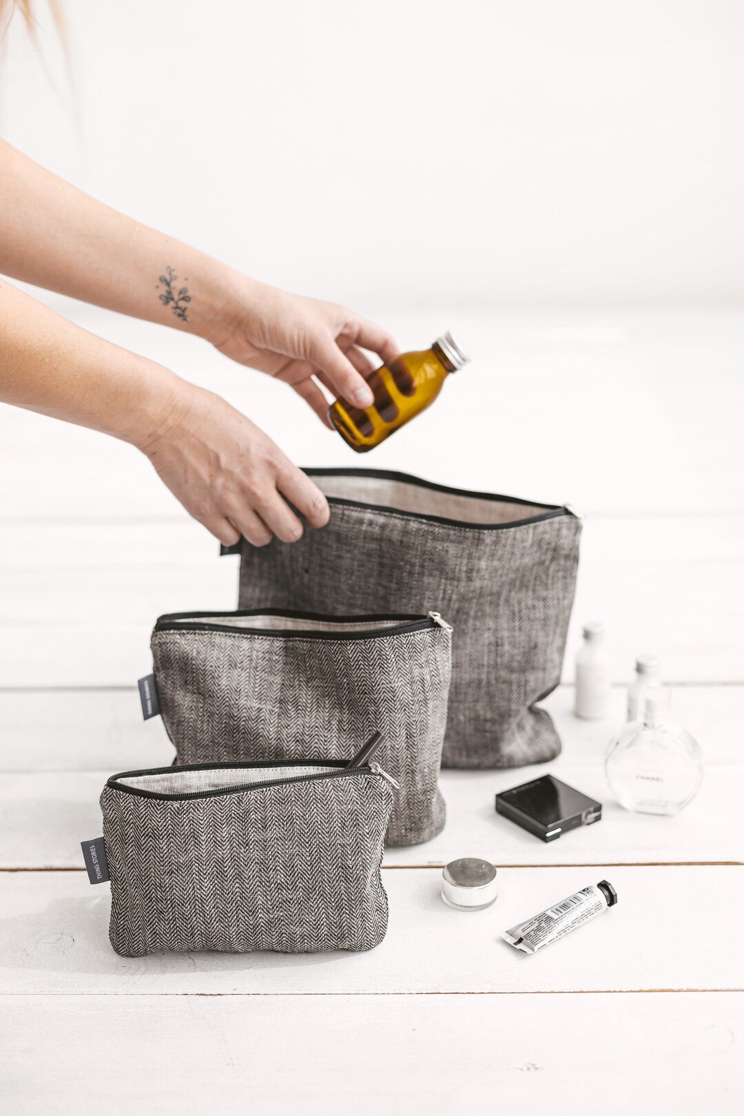 Black Travel Toiletry Bag Set: Wedding Makeup, Cosmetic. Natural Linen ...
