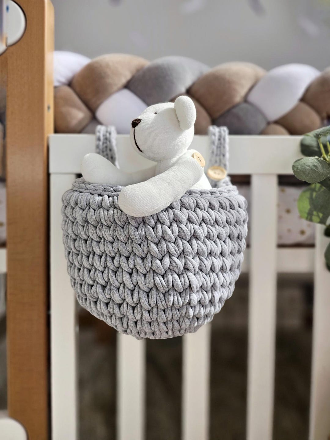 Hanging Storage Basket, Knitted Crib Basket, Nursery Storage Basket ...