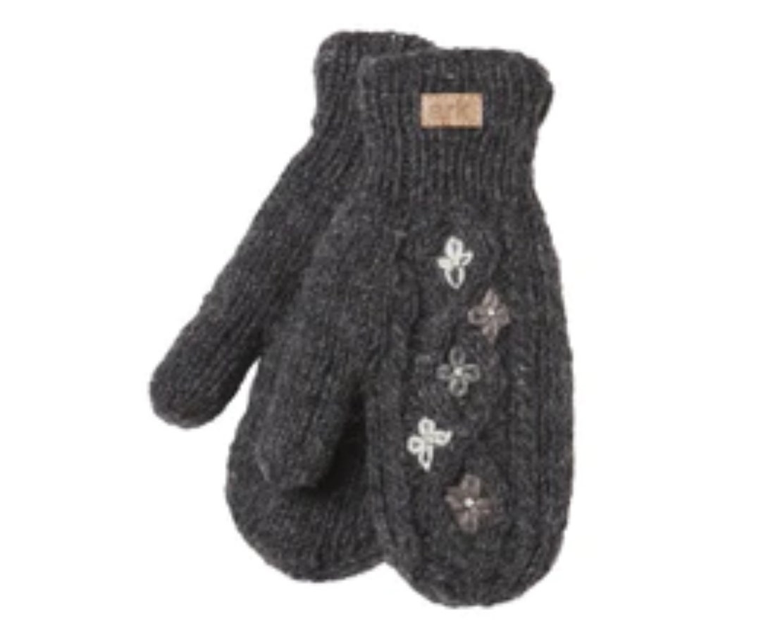 Charcoal Wool Knit Mittens, Cable Knit With Flower Pattern, Fleece ...