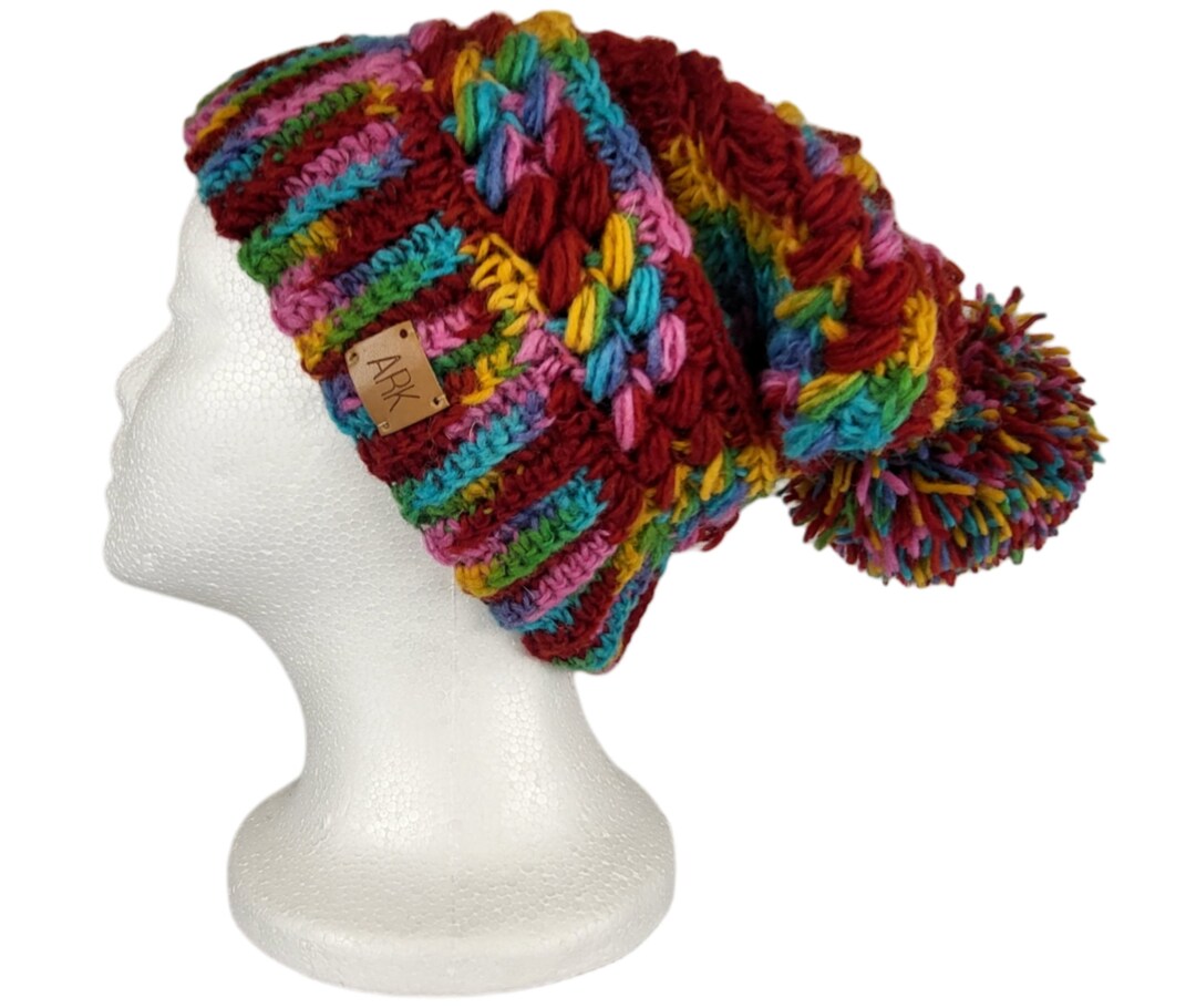 Funky Wool Hat, Crochet Slouch Hat With Pom Pom, Made From Wool on the ...