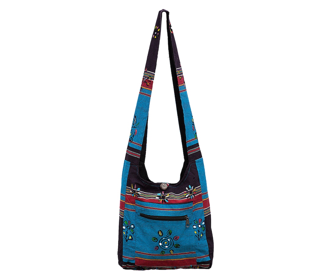 Boho Flower Shoulder Bag, Hippy Teal Purse, 100% Cotton, Small Front ...