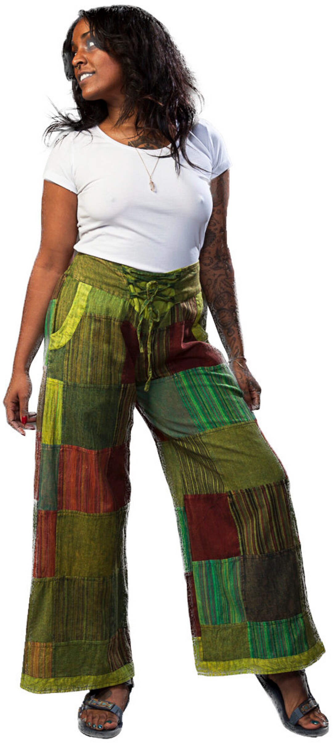 Green Flowy Pants, Vintage Wide Leg Pants, 100% Cotton, Hippie Style - Etsy