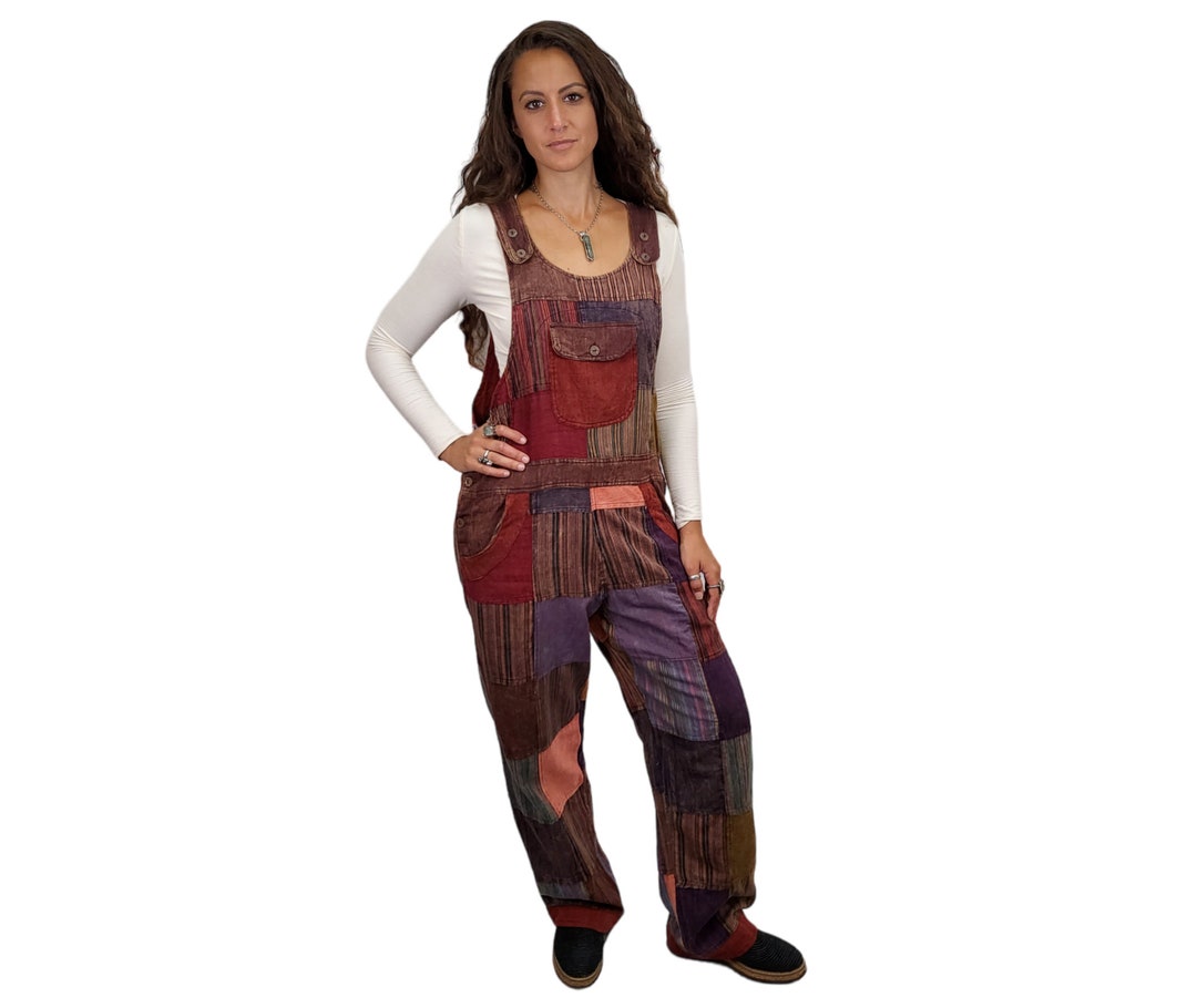 Burgundy Patchwork Overalls, Chic and Playful, Women's Patchwork ...