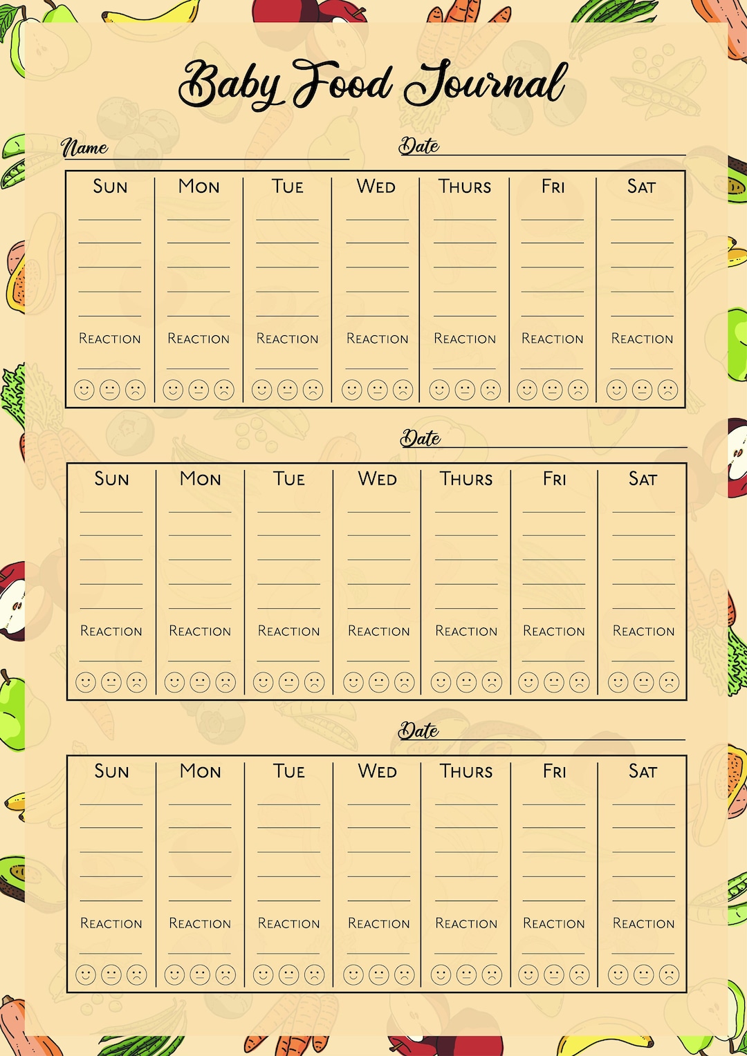 Printable Baby Food Diary / Baby Food Tracking Pages - Etsy